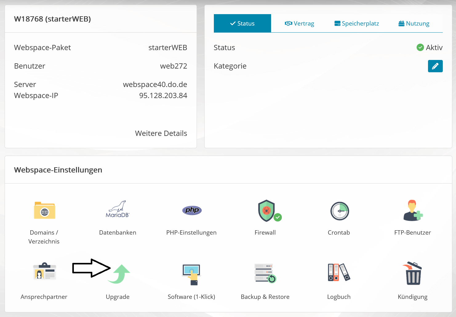 Webspace-Paket-Upgrade durchführen Domain-Offensive